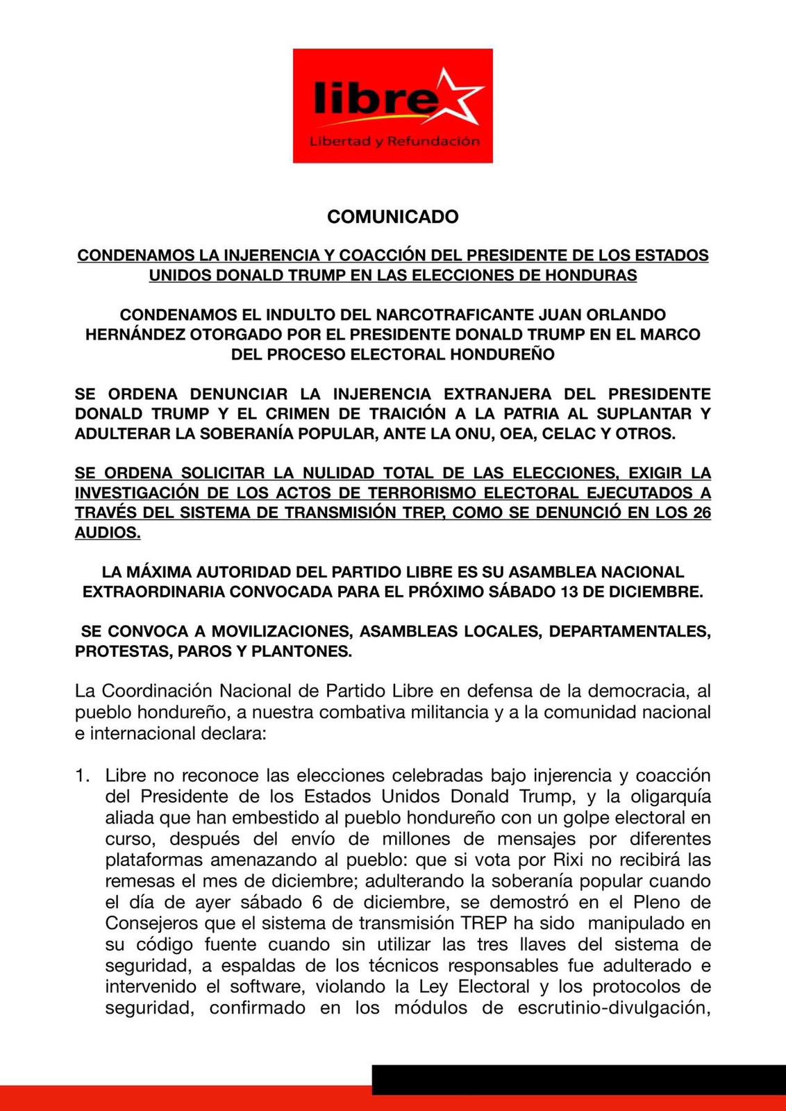 Partido Libre pide nulidad de las elecciones en Honduras – Prensa Verde